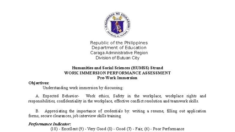 HUMSS Work Immersion Performance Assessment Workbook 2025-2026 - Studocu