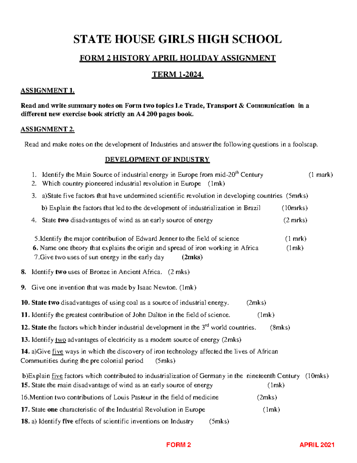 FORM 2 History April Holiday Assignment - Key Topics & Questions-2024 ...