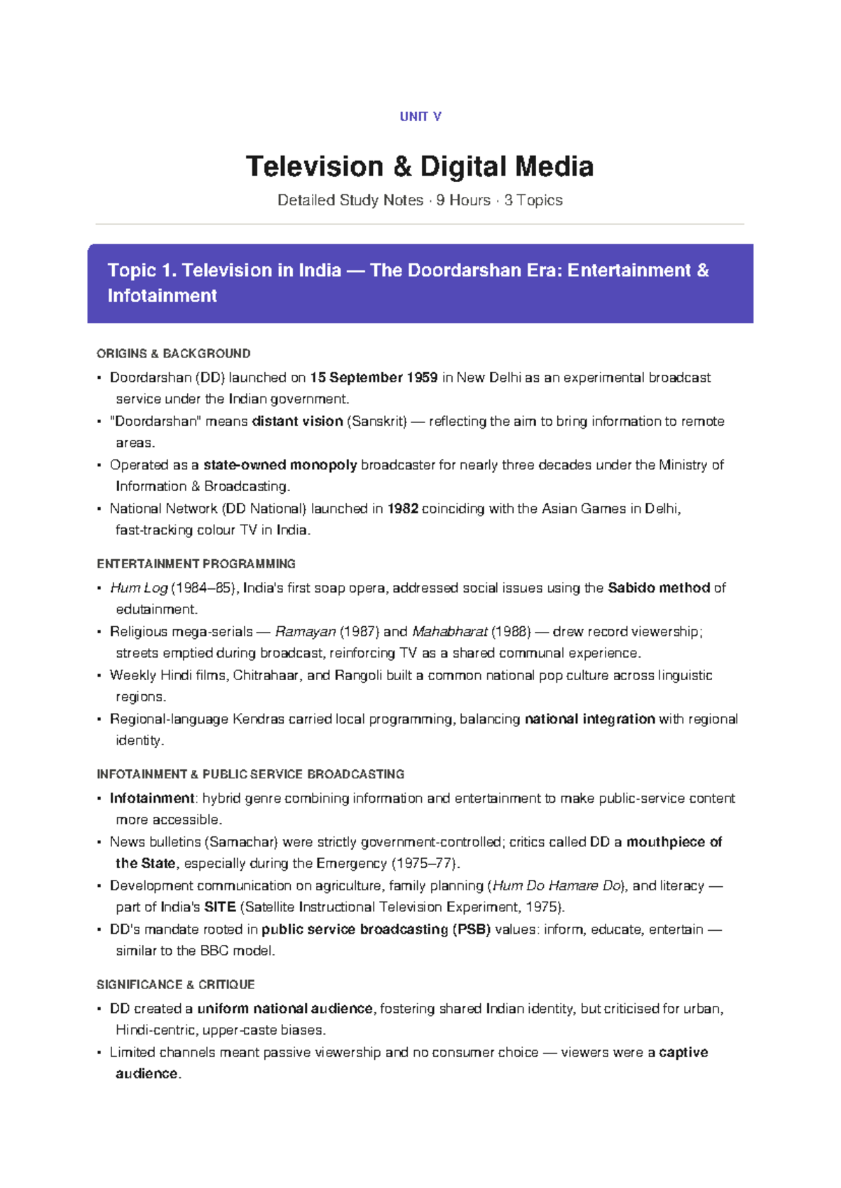 Unit V: Detailed Study Notes on Television & Digital Media - Studocu