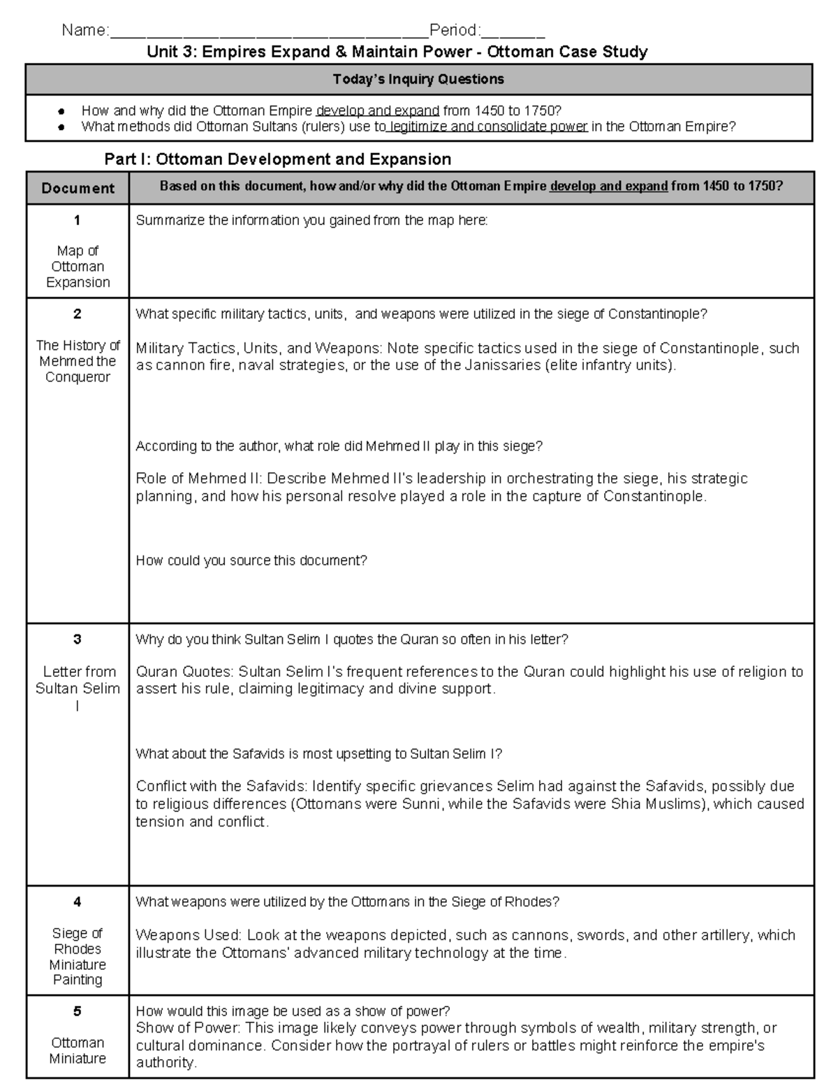 Unit 3 Ottoman Empire Case Study (Student Handout) - Name ...