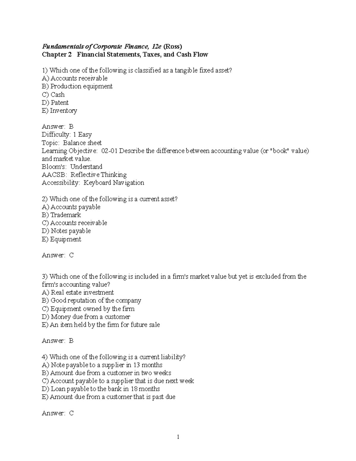 Financial Statements, Taxes, and Cash Flow CH2 Test Bank Notes - Studocu