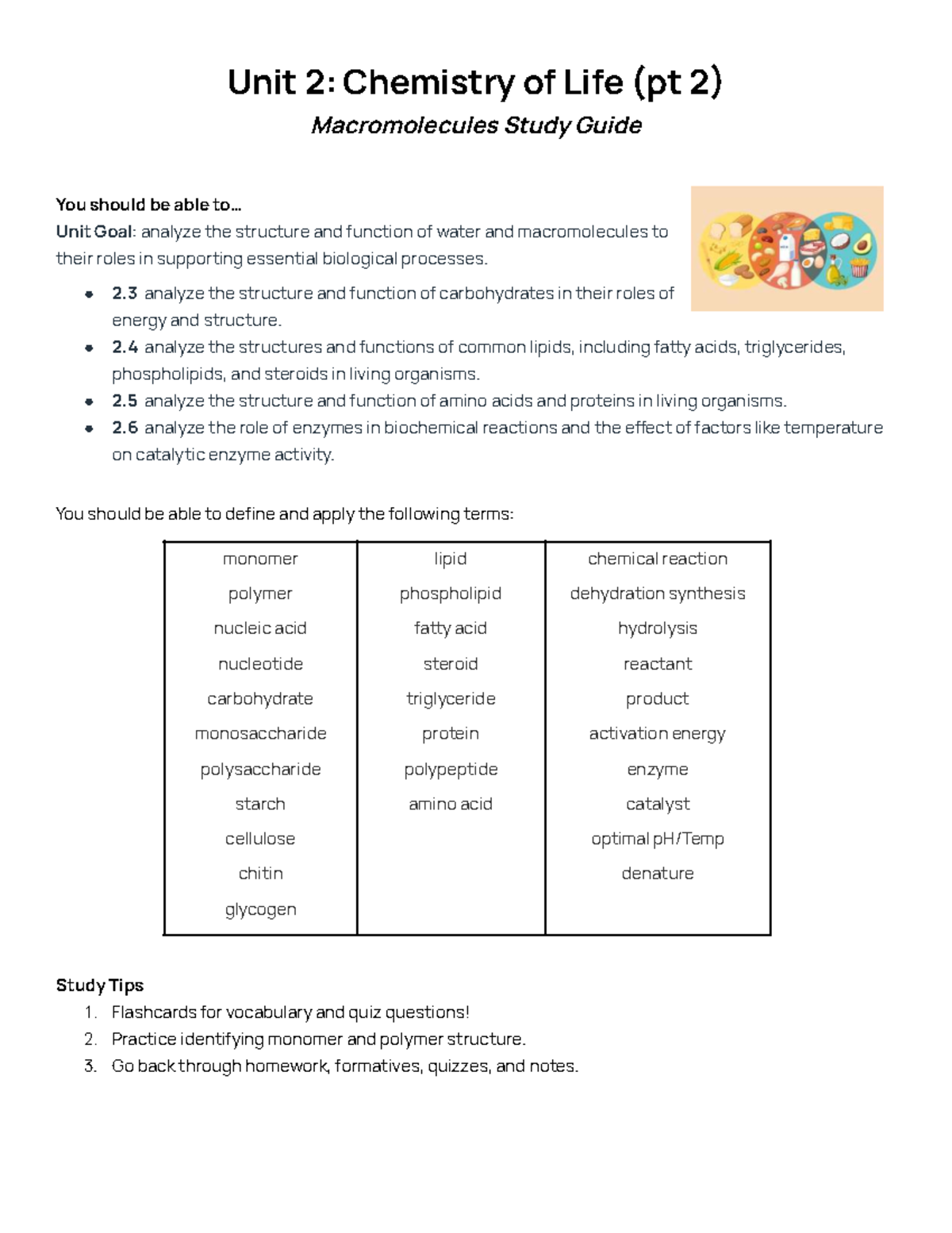 Unit 2: Chemistry of Life Macromolecules Study Guide (Bio 101) - Studocu