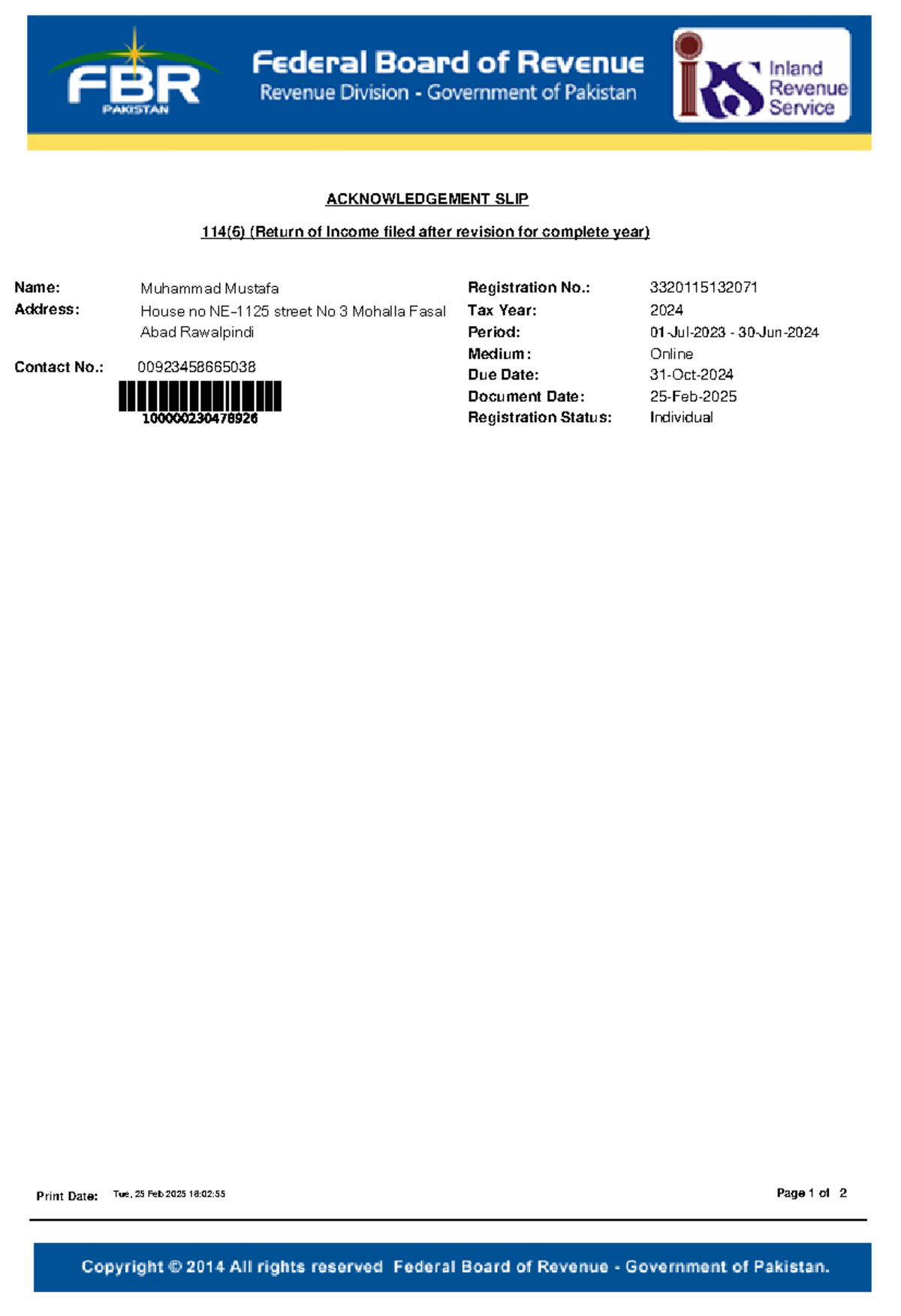 Acknowledgement Slip for Income Return 114(6) - Tax Year 2024 - Studocu