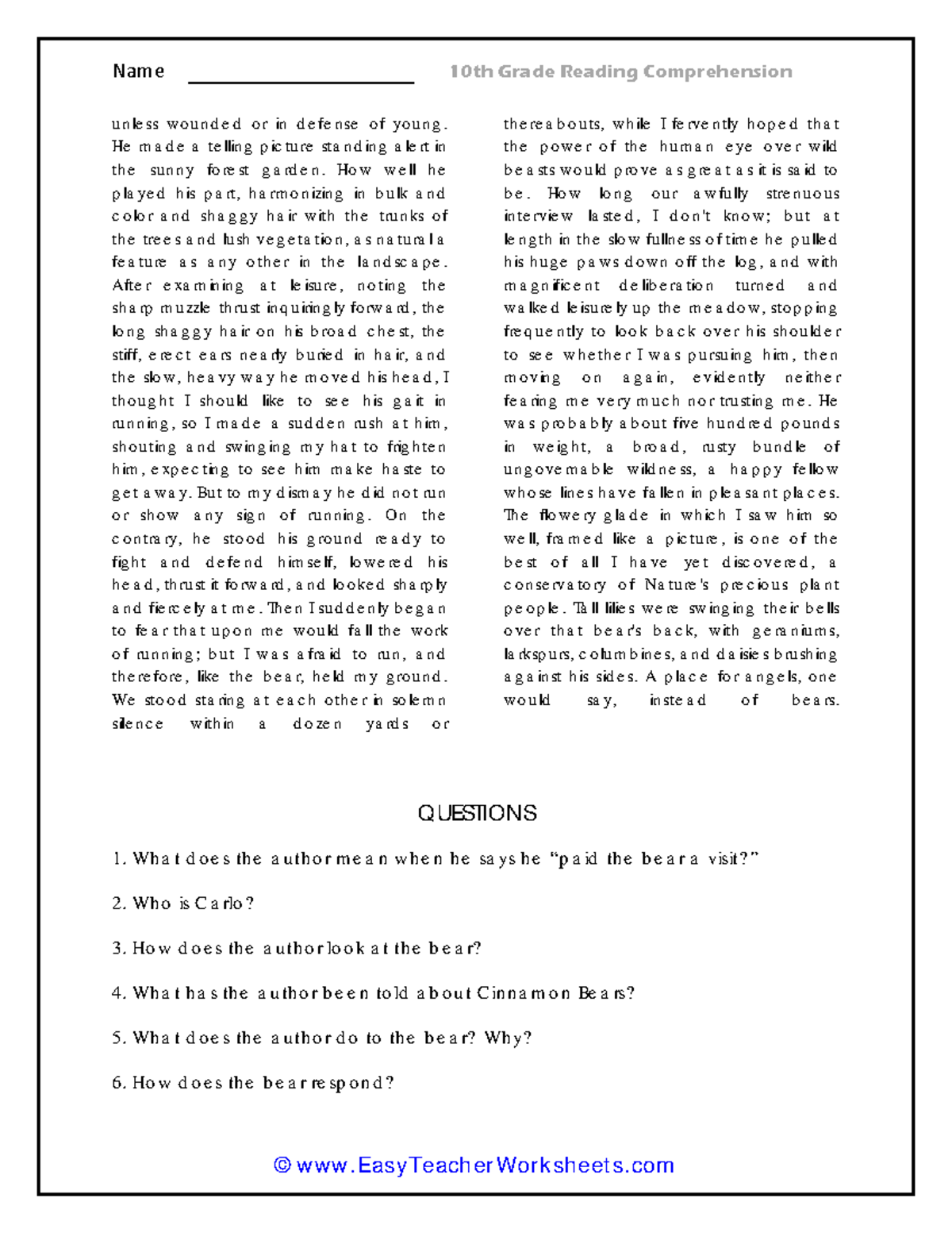 10th Grade Reading Comprehension: The Bear Worksheet - Studocu