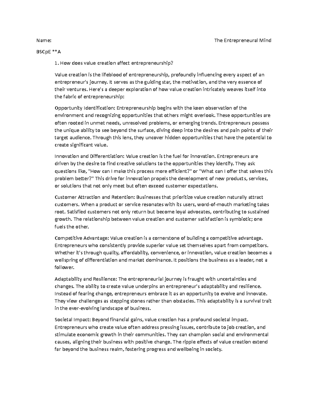 BSCpE A - Exploring Value Creation in Entrepreneurship: Activity 1 ...