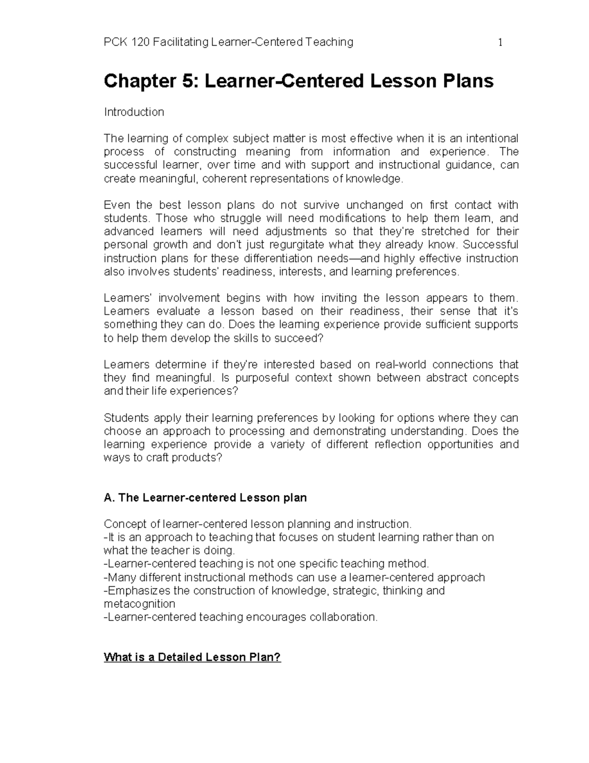PCK 120 Facilitating Teaching: Chapter 5 - Effective Lesson Planning ...