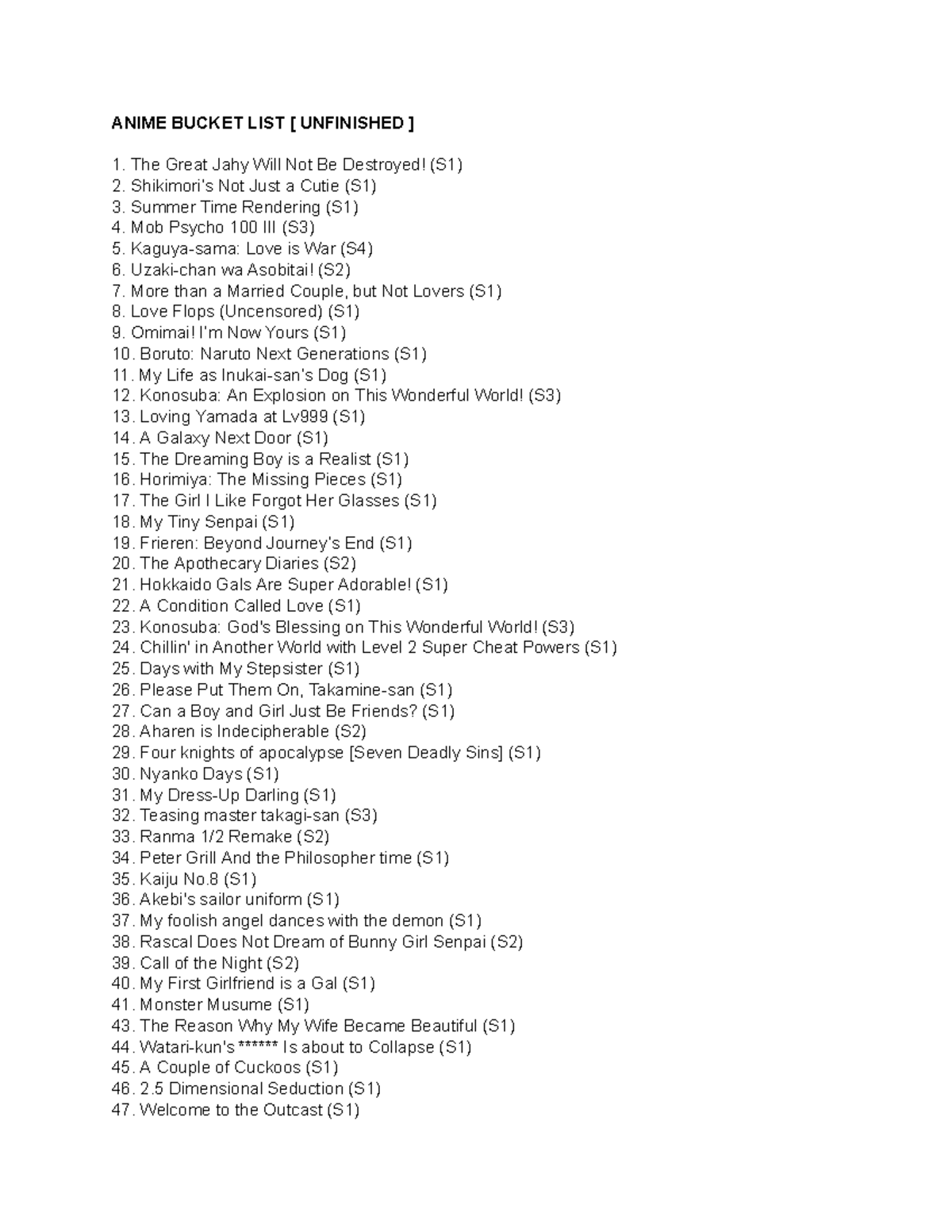 Anime Bucket List - Unfinished Series (S1-S4) - Studocu