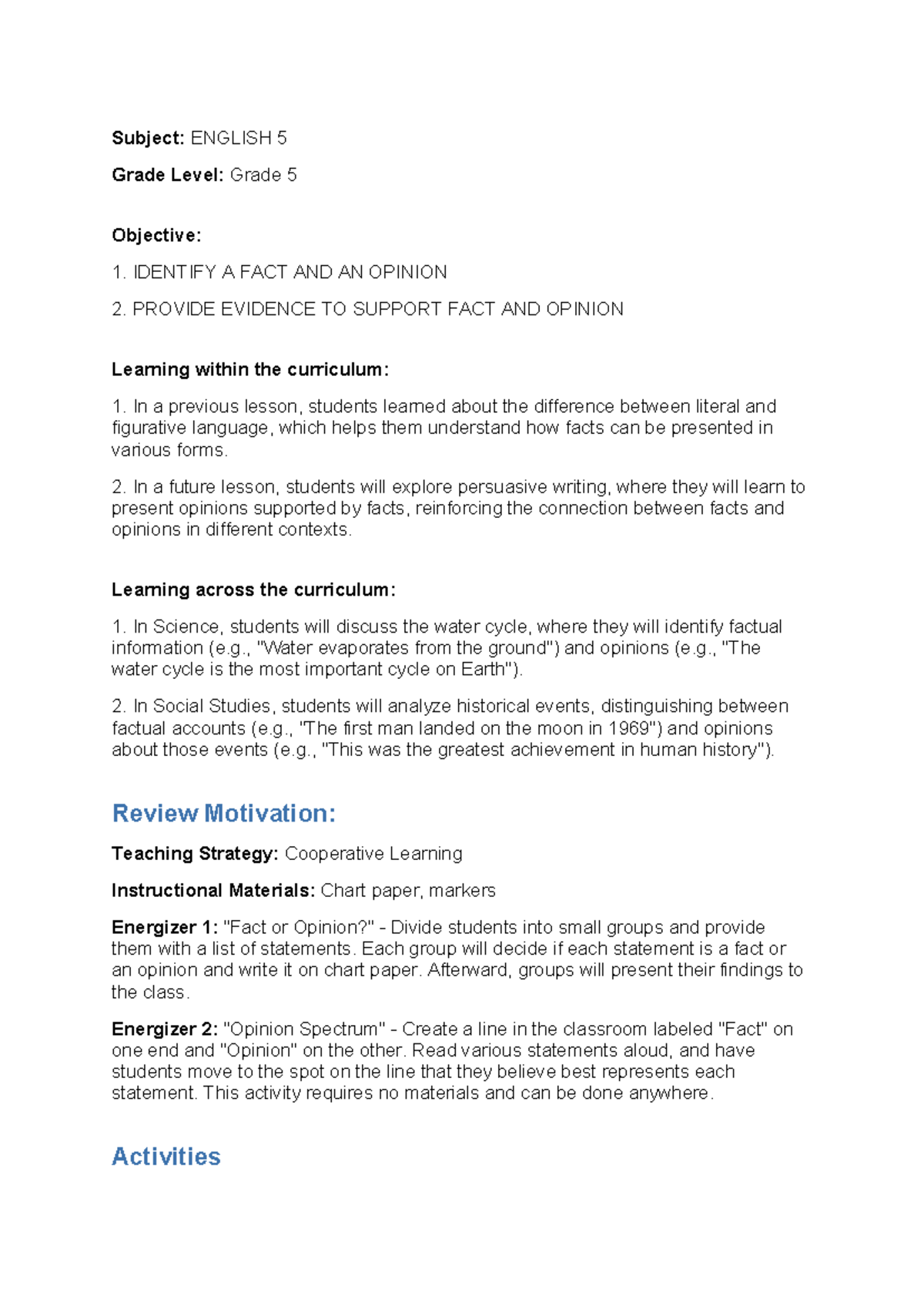 Lesson plan - Subject: ENGLISH 5 Grade Level: Grade 5 Objective: 1 ...