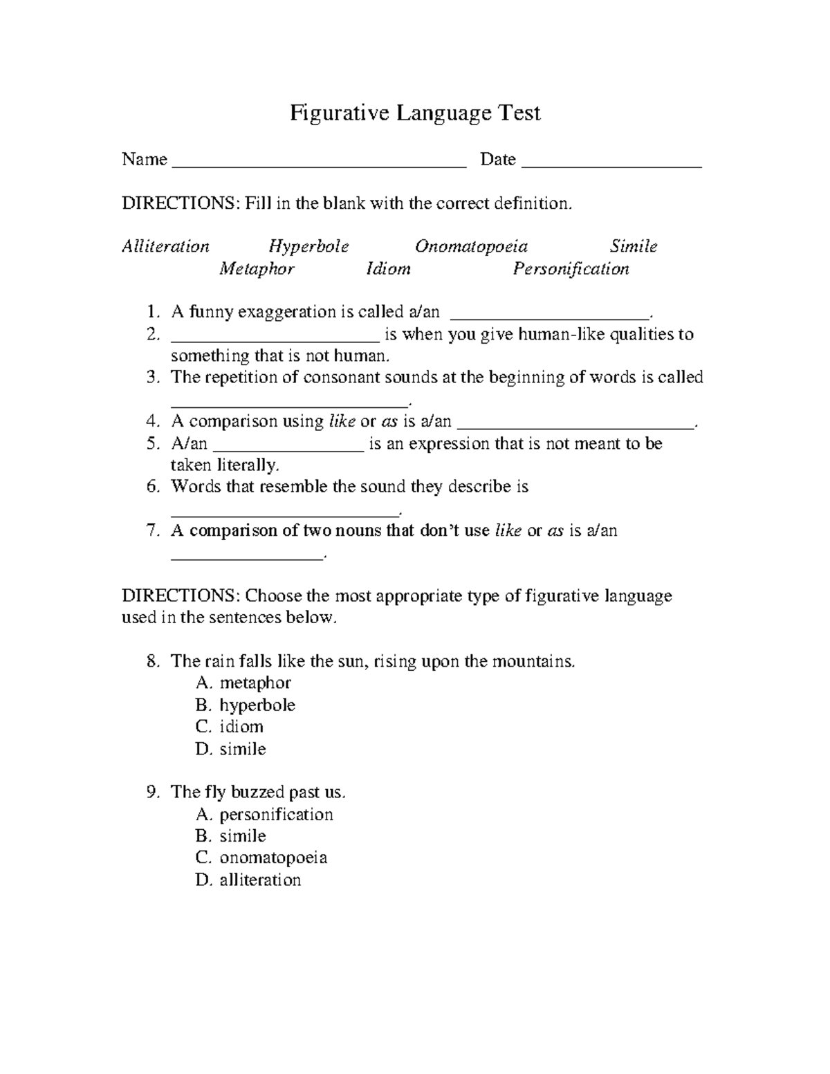 Figurative Language Test Worksheet (Grade 6) - Studocu