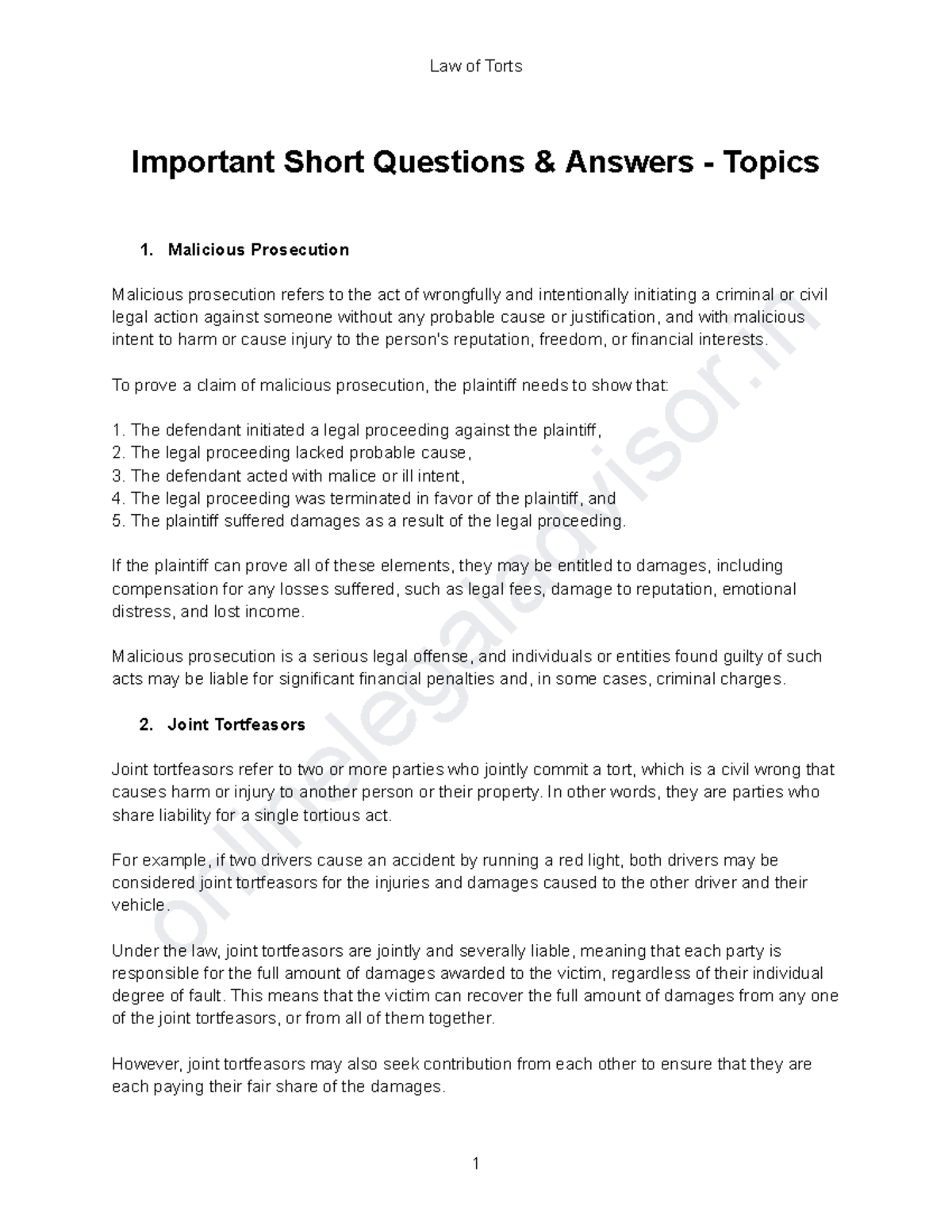 Law of Torts Imp Short Essay Q A - onlinelegaladvisor Important Short ...