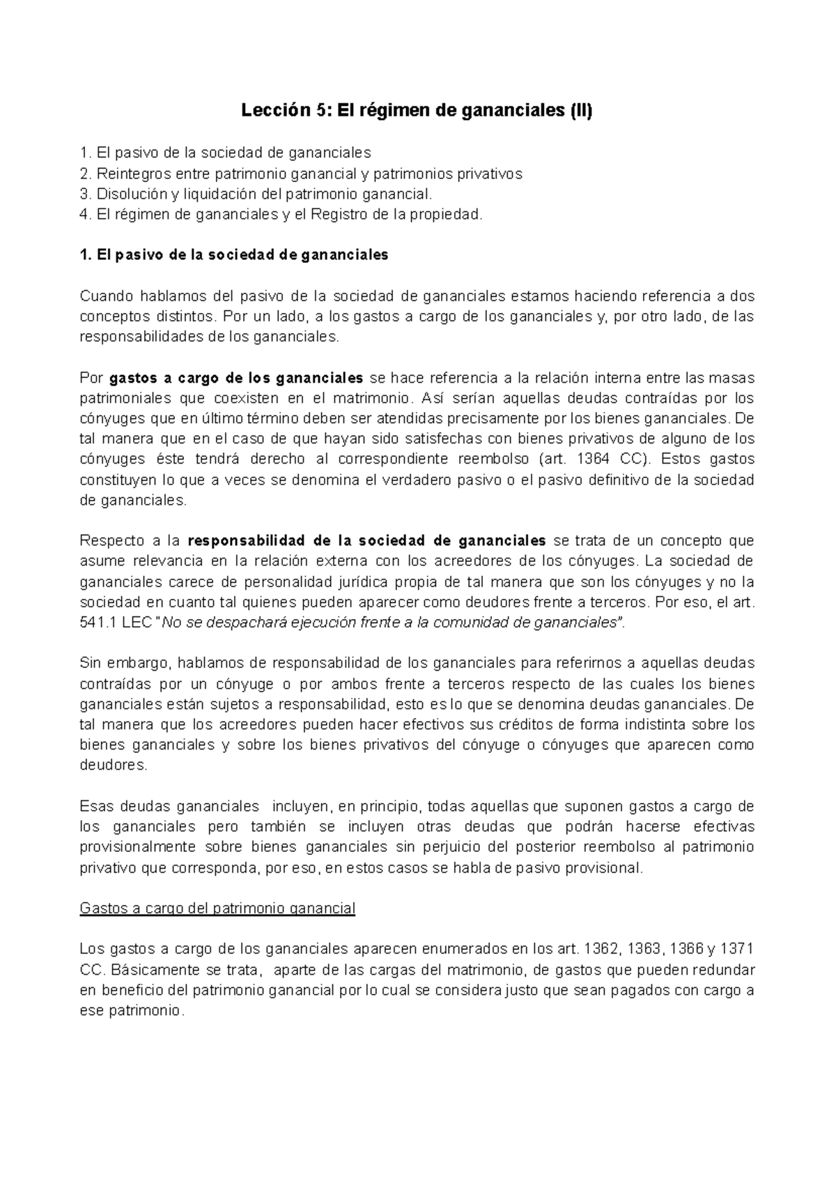 Lección 5: Régimen de Gananciales II - Pasivo y Reintegros - Studocu
