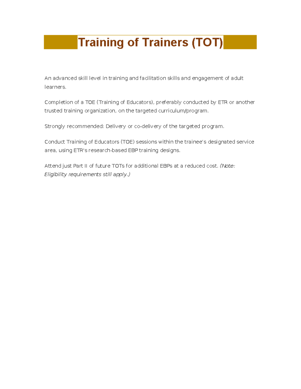 TOT Report: Advanced Training of Trainers for Adult Learners - Studocu