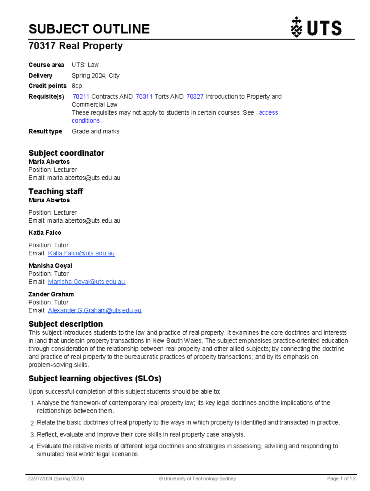 70317 Real Property Subject Outline and Learning Objectives - Studocu