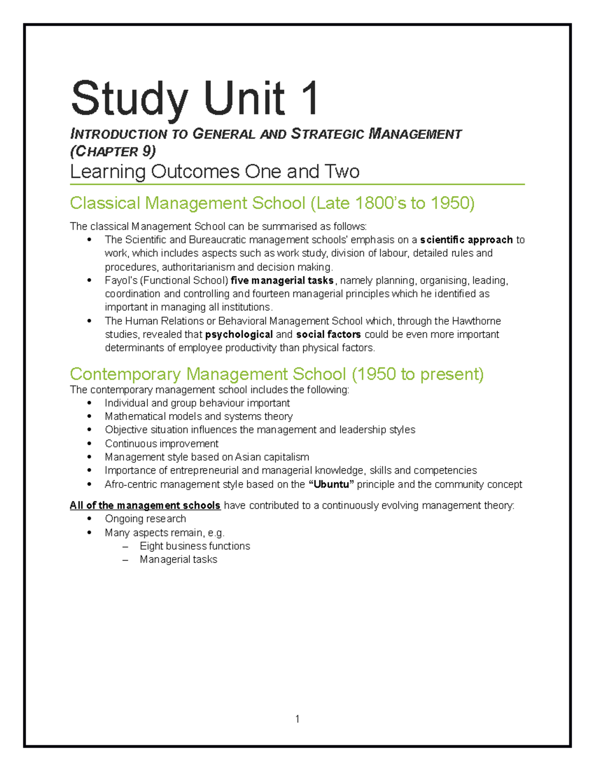Study Unit 1 - Ch 9: Understanding General & Strategic Management - Studocu