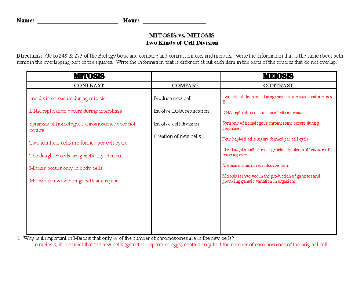 Mitosis vs. Meiosis Comparison Guide - Biology 101 Lecture Notes - Studocu