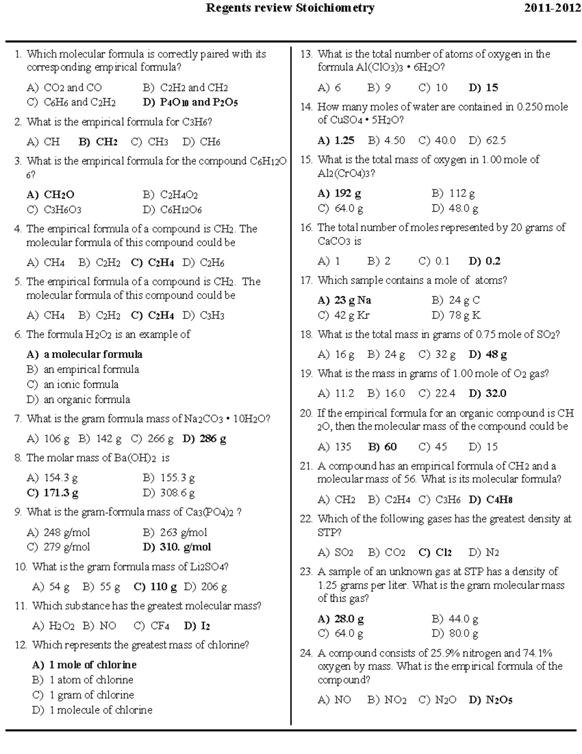Regents Review Stoichiometry Answer Key - Studocu