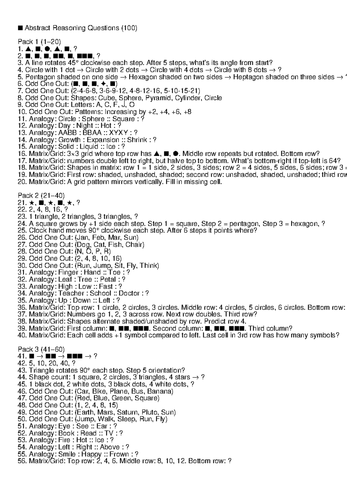Abstract Reasoning Questions (100) - Practice Pack 1 - Studocu