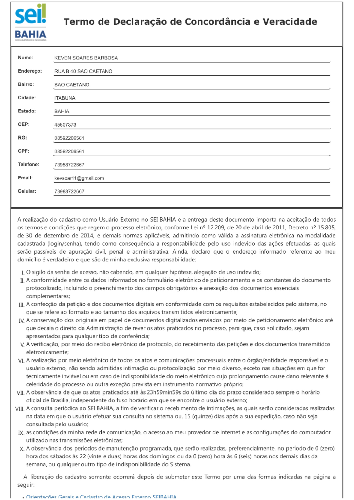 Termo de Declaração de Concordância - SEI BAHIA - KEVEN SOARES BARBOSA ...