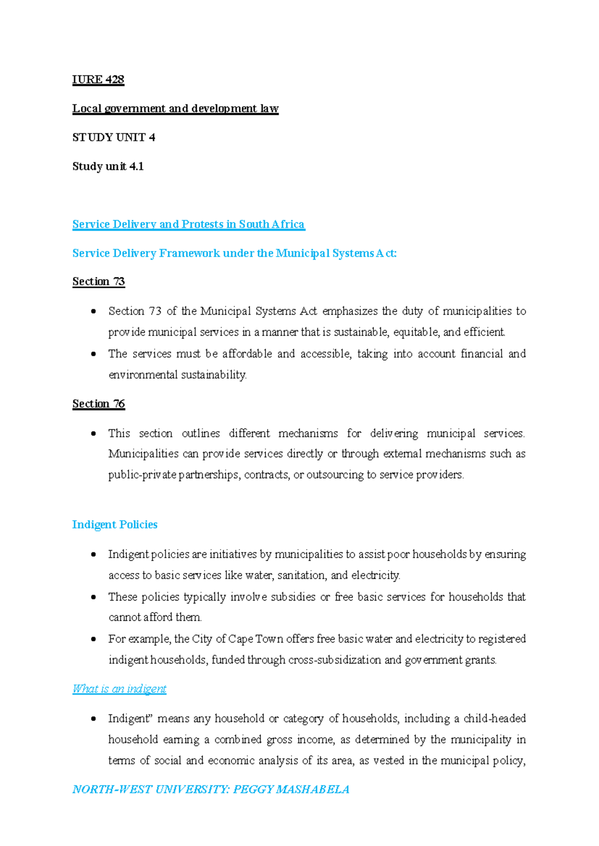 IURE 428 Study Unit 4: Service Delivery, Protests, and Evictions in SA ...