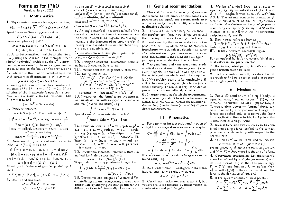 Formulas for IPhO 7: Comprehensive Mathematics Guide - Studocu