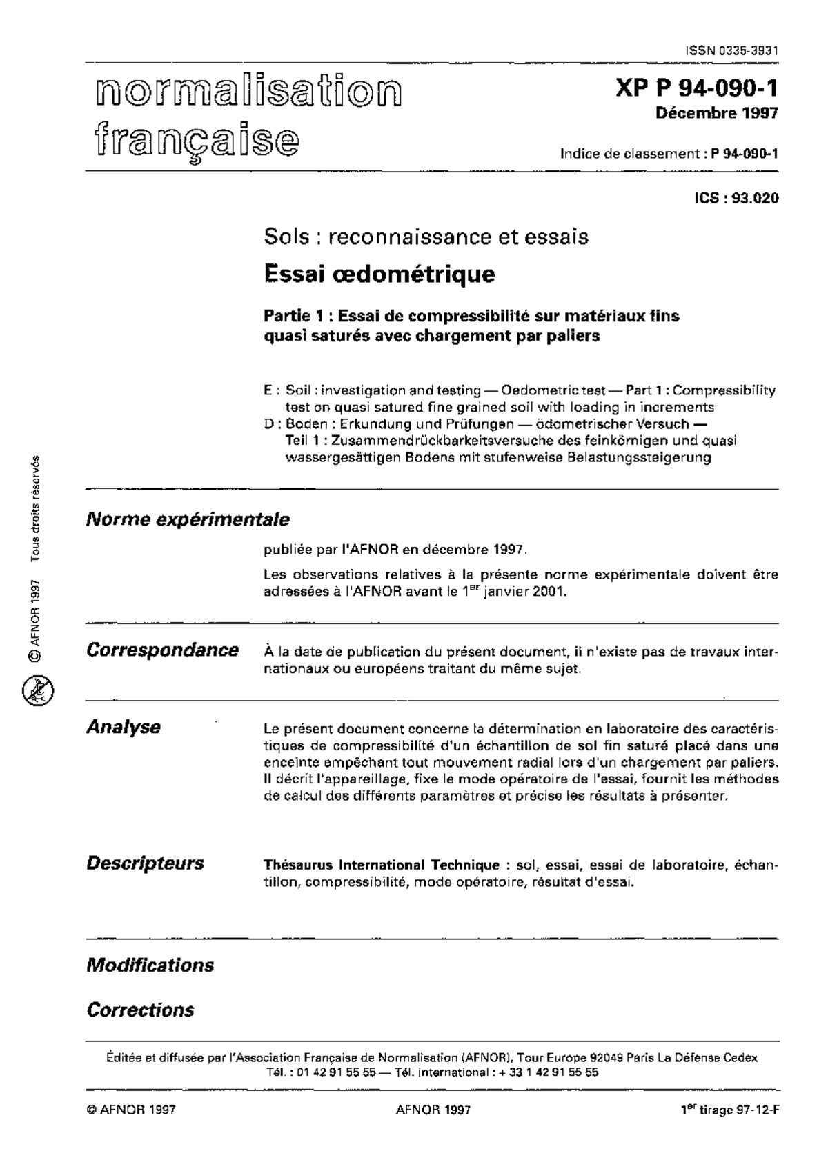 XP P94-090-1 Essai de Compressibilité sur Sols Fins Quasi Saturés - Studocu