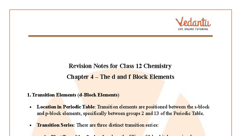 Class 12 Chemistry Revision Notes: D and F Block Elements - Studocu