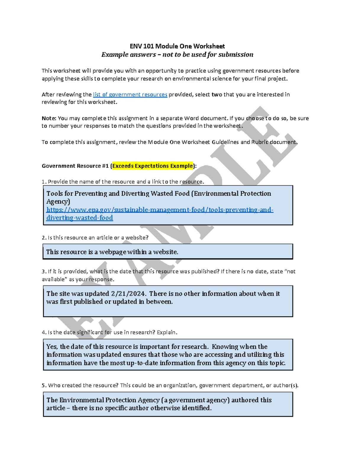 ENV 101 Module 1 Worksheet: Government Resources Practice Guide - Studocu