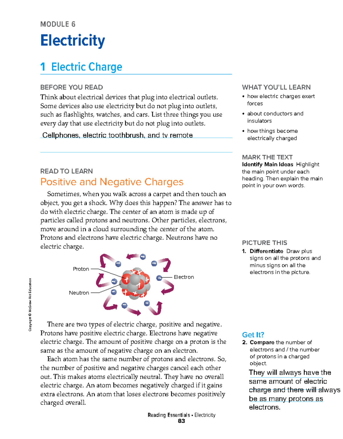 Electric Charge Reading - Copyright © McGraw-Hill Education Reading ...