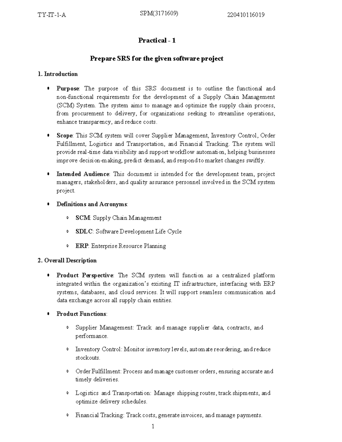 SPM(3171609) Practical 1: SRS for Supply Chain Management System - Studocu