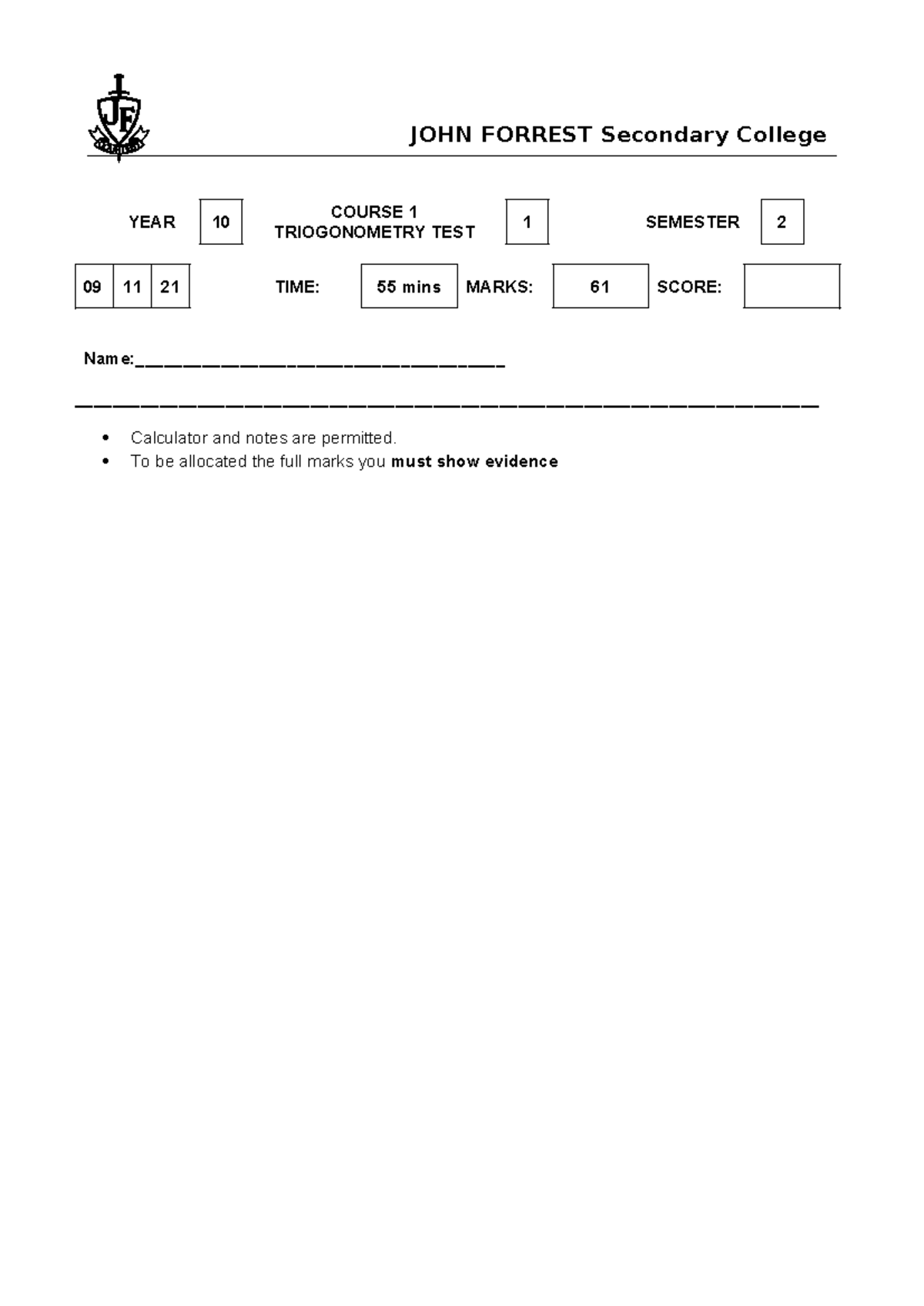 Year 10 Course 1 Semester 2 Trigonometry Test 2021 Exam Template - Studocu