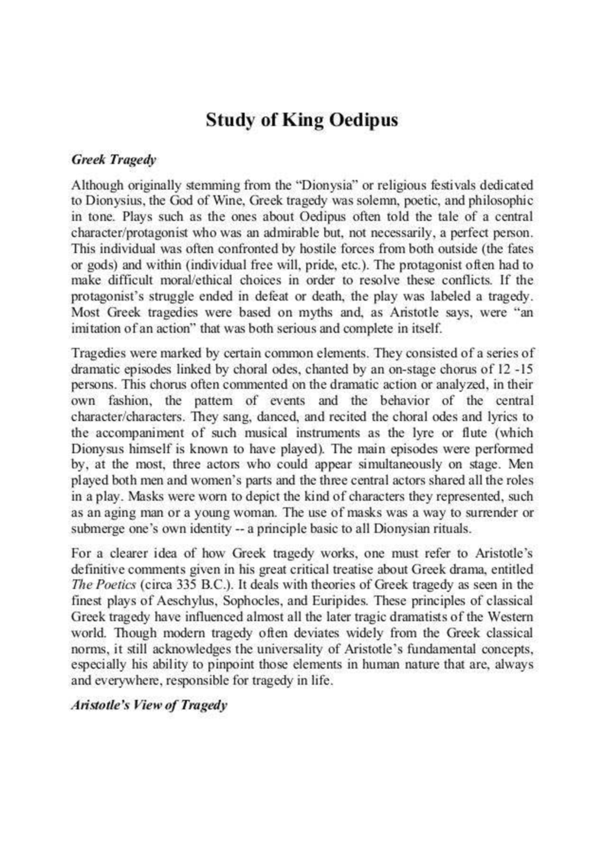 Study of King Oedipus - Greek Tragedy Notes - Studocu