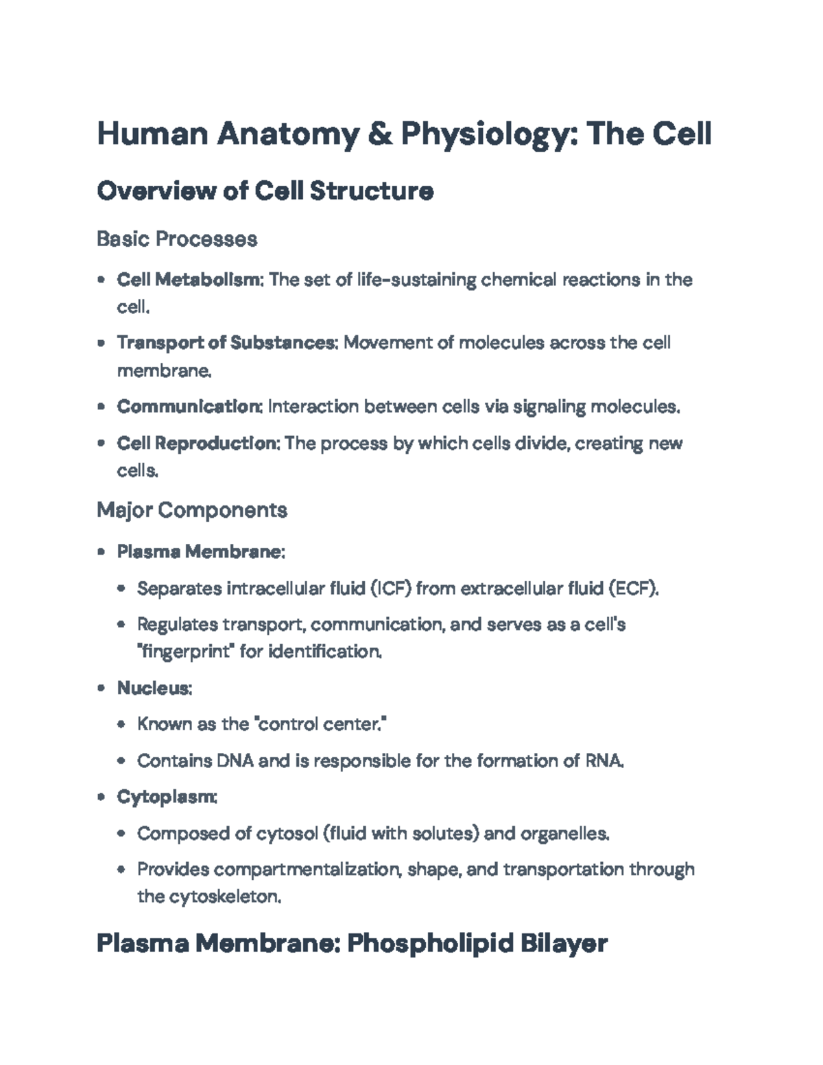 Human Anatomy & Physiology: Comprehensive Cell Structure & Functions Guide - Studocu