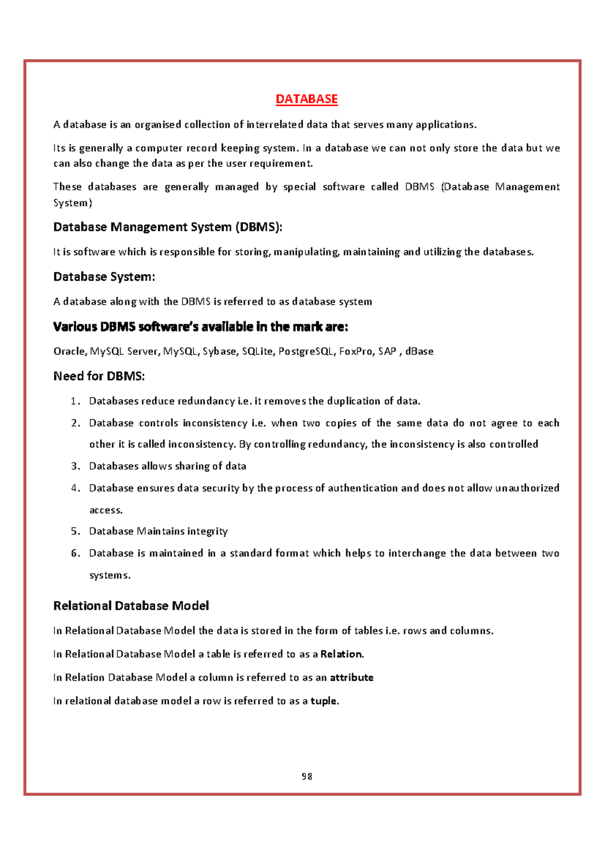 Database Concepts and Management - CS Notes - Studocu