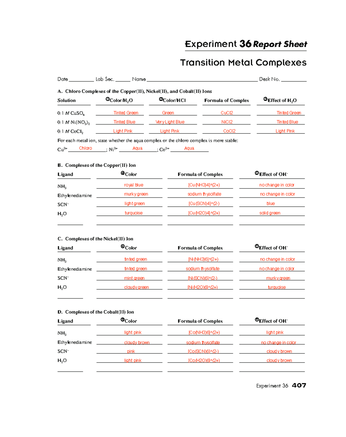 Experiment 36 Post Lab: Transition Metal Complexes Analysis - Studocu