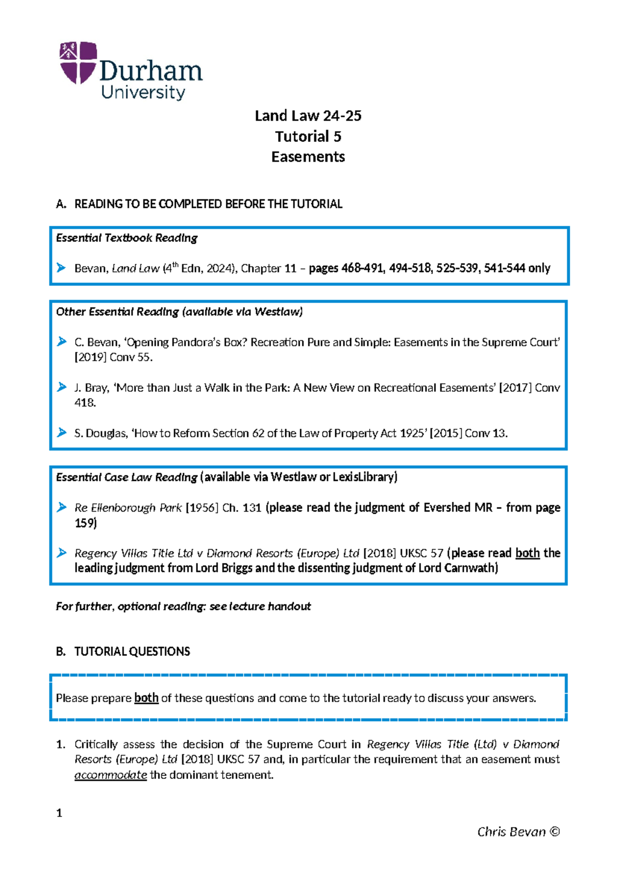 Land Law Tutorial 5 Sheet - Chris Bevan © Land Law 24- Tutorial 5 ...