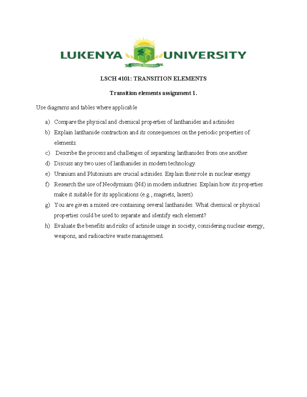 LSCH 4101: Transition Elements Assignment 1 - Lanthanides & Actinides ...