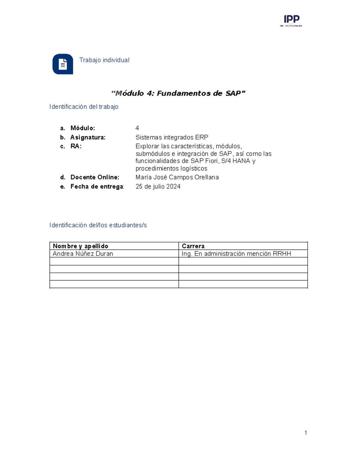 M4 E1: Fundamentos y Implementación de SAP en Sistemas ERP - Studocu
