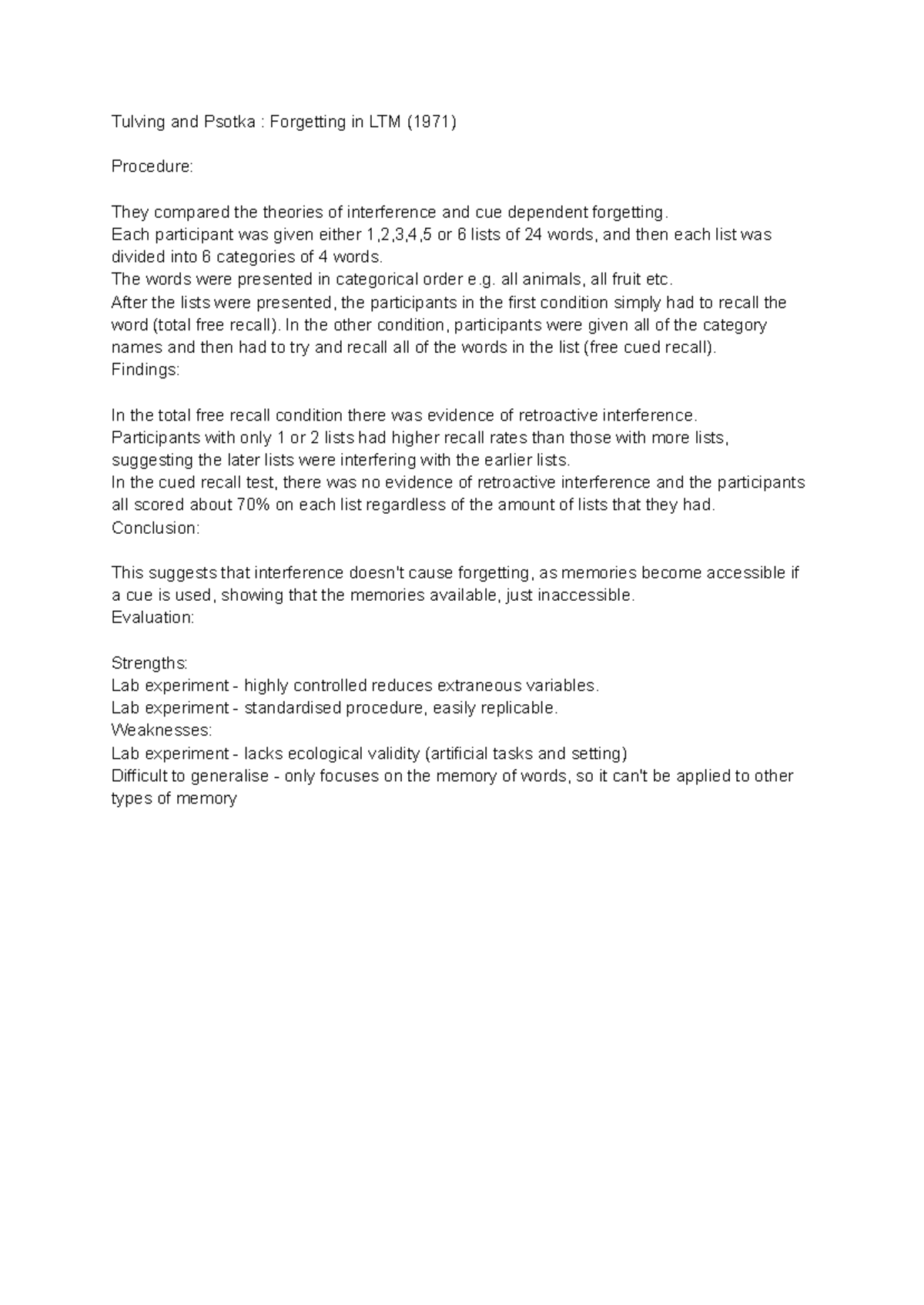 Tulving & Psotka: LTM Forgetting & Recall Interference Study (1971 ...