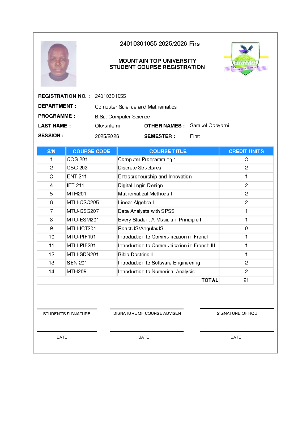 24010301055 First Semester Course Registration - B.Sc. Computer Science ...