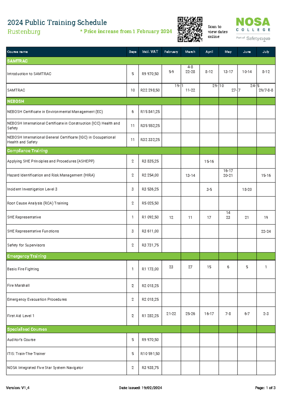 TS NOSA College Rustenburg V1.4 19-02-2024 - 2024 Public Training Schedule Rustenburg SAMTRAC 4 ...