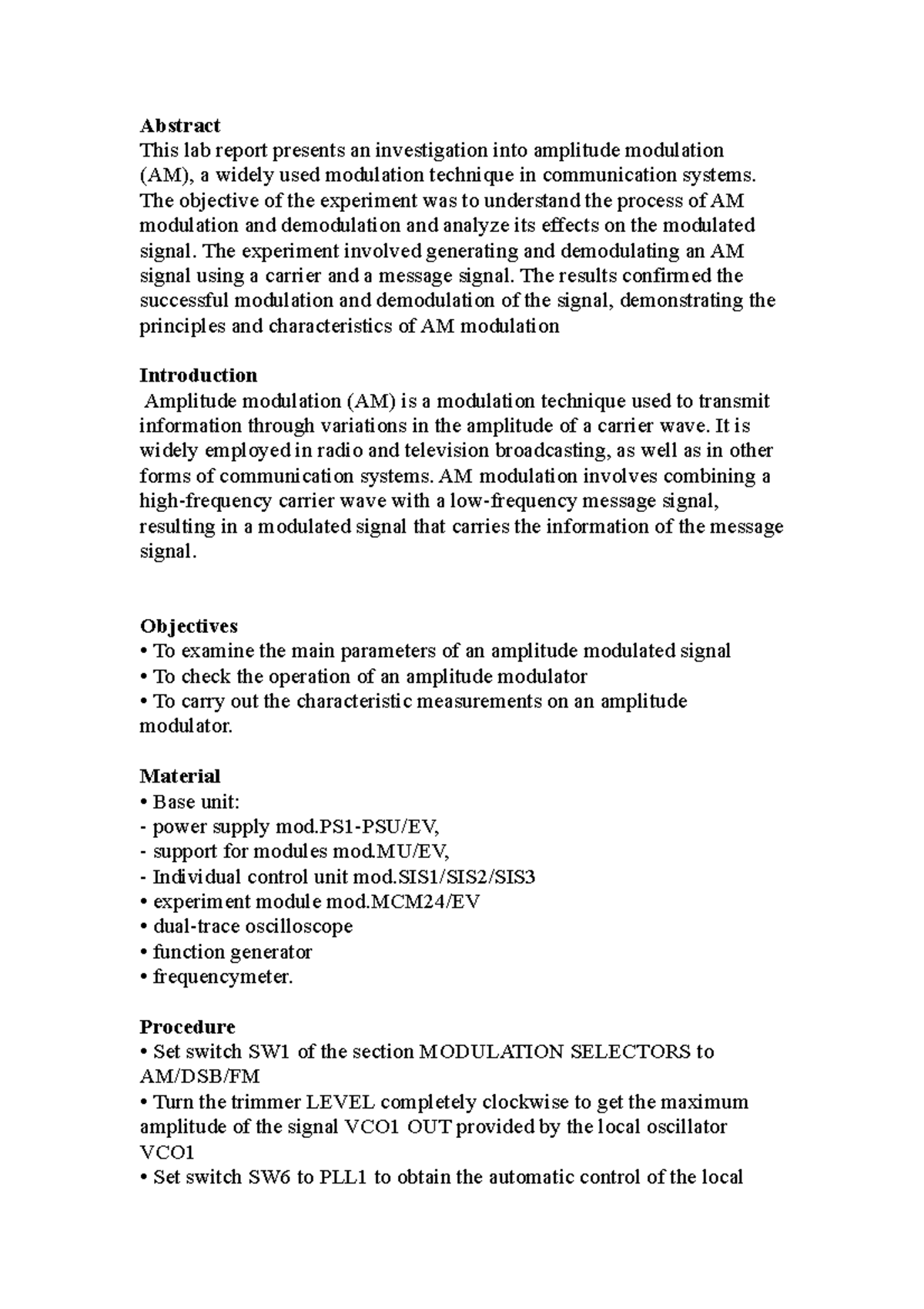 AM Modulation Lab Report - Key Findings and Procedures - Studocu