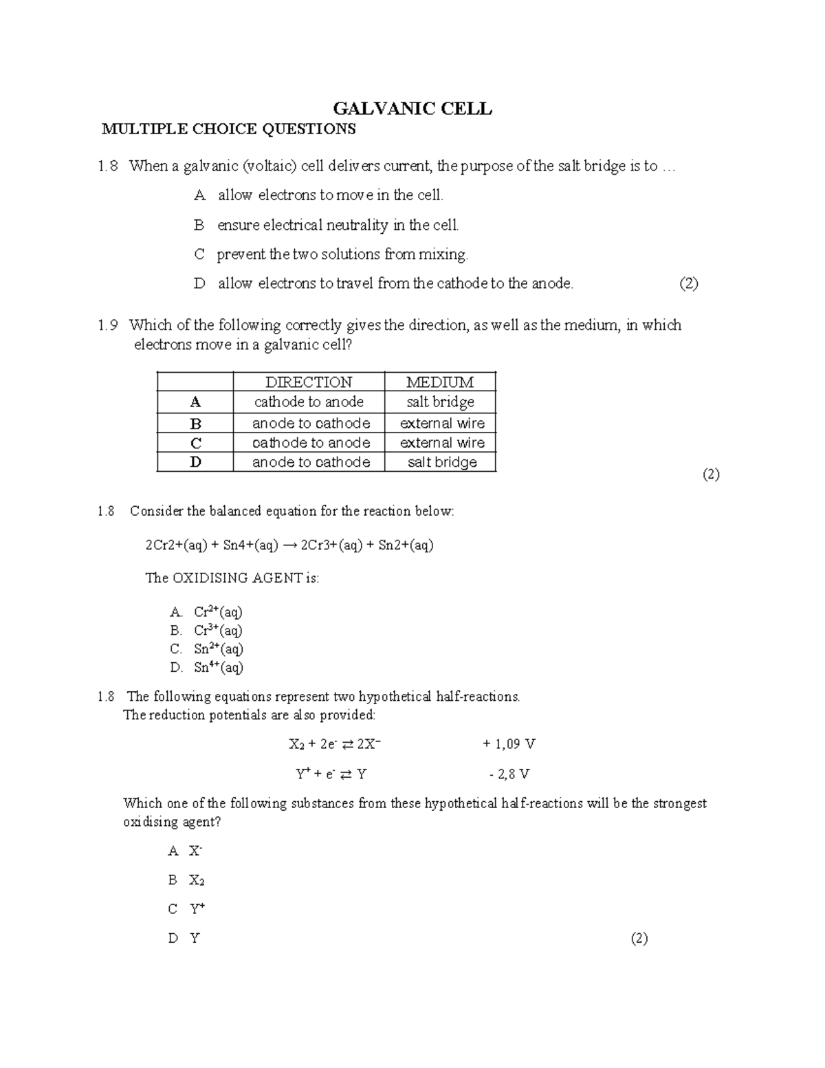 Galvanic Cell Revision Notes: MCQ & Structured Questions Guide - Studocu