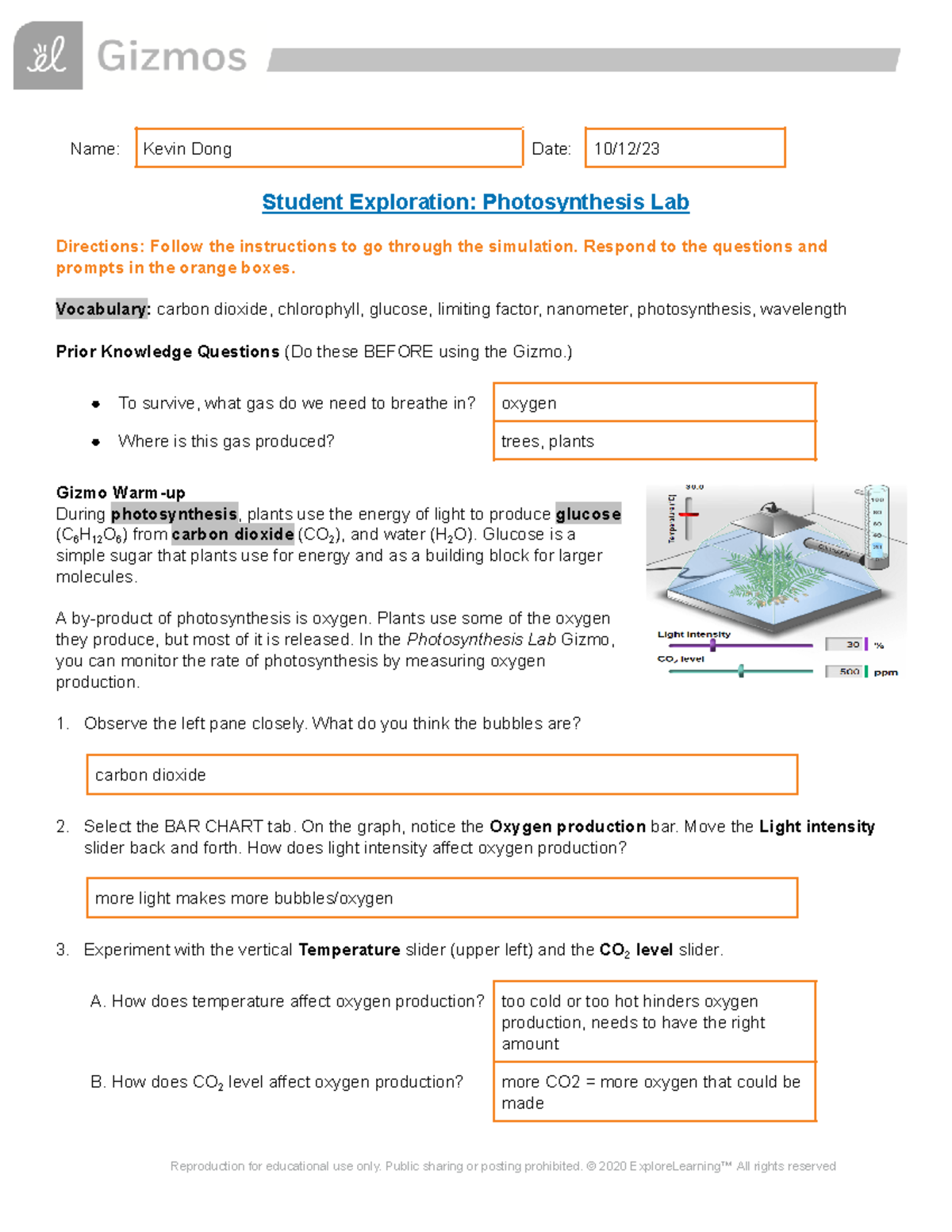 Photosynthesis Lab Exploration with Gizmo Simulation - Studocu