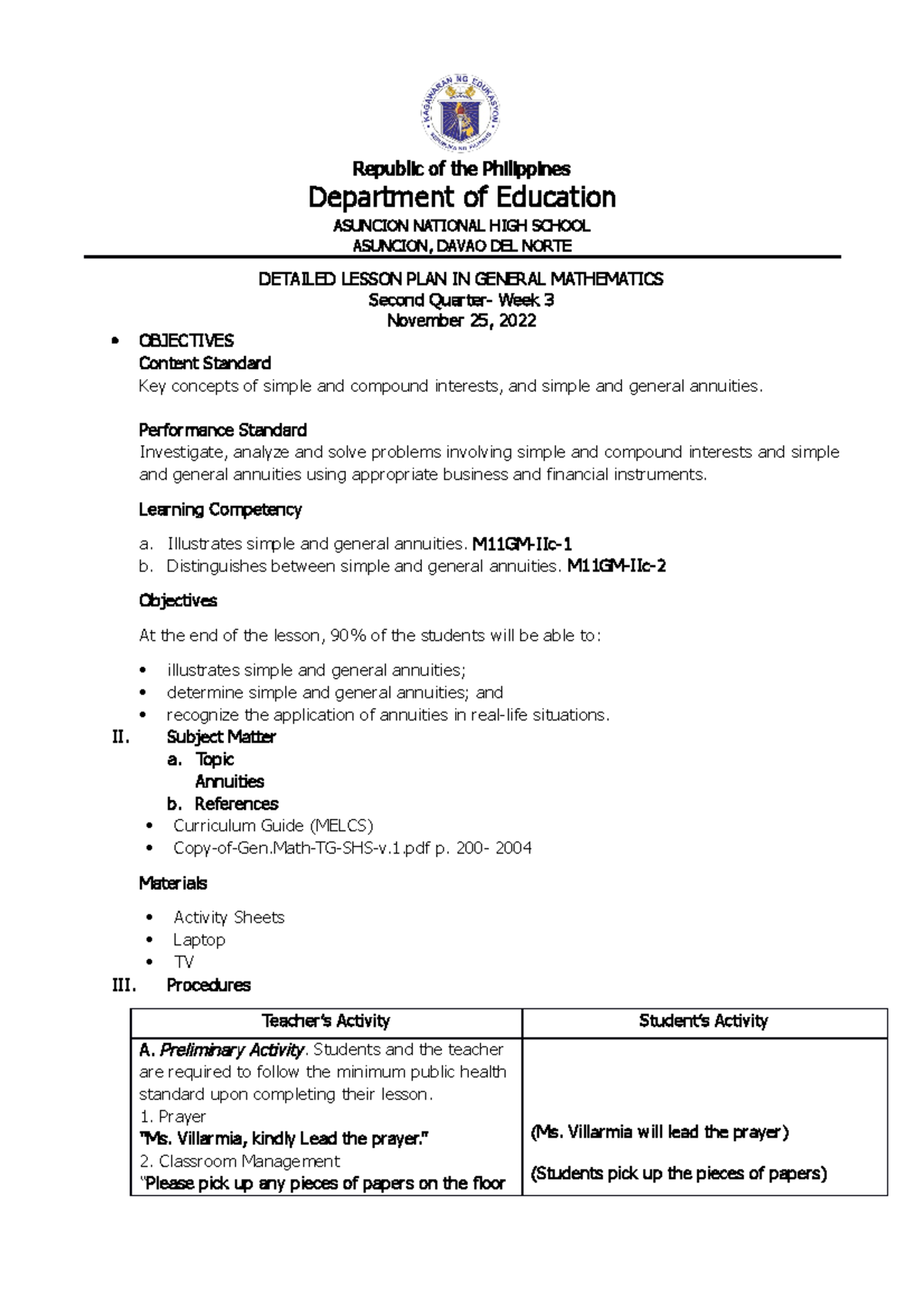 SHS - GENMATH DETAILED LESSON PLAN ON ANNUITIES - Studocu