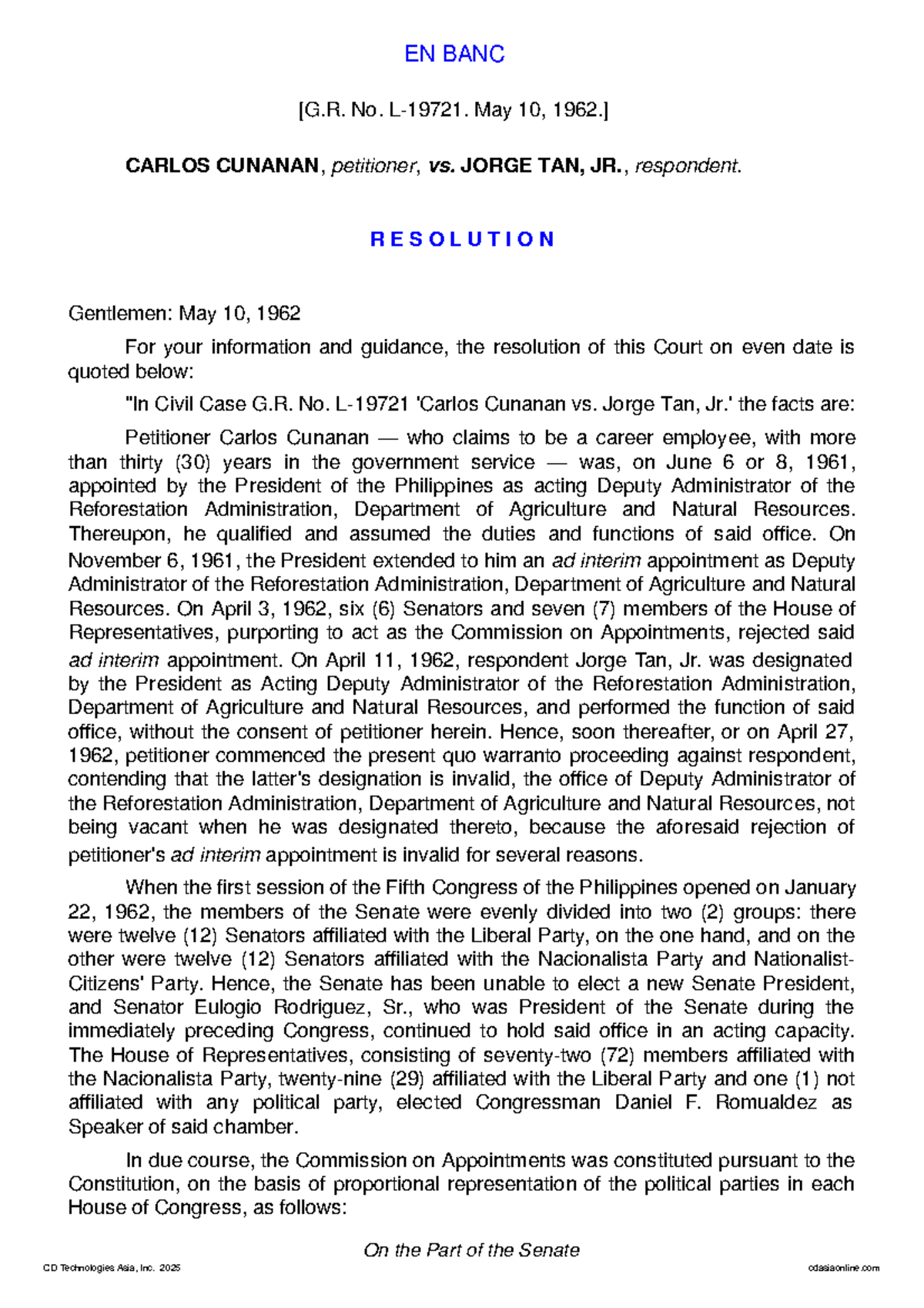 Cunanan v. Tan, Jr. - G.R. No. 1962 Case Resolution Analysis - Studocu
