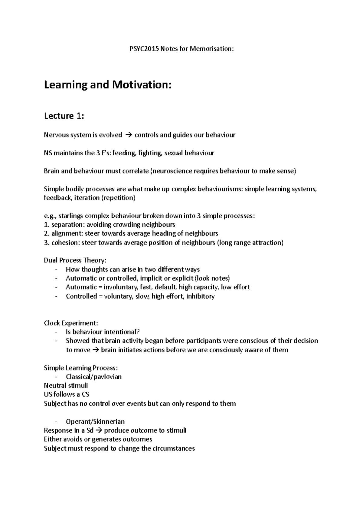 PSYC2015 Notes - , starlings complex behaviour broken down into 3 ...