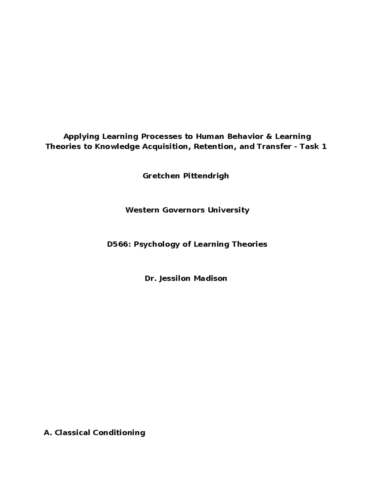 D566 Psychology of Learning Theories: Task 1 on Learning Processes ...