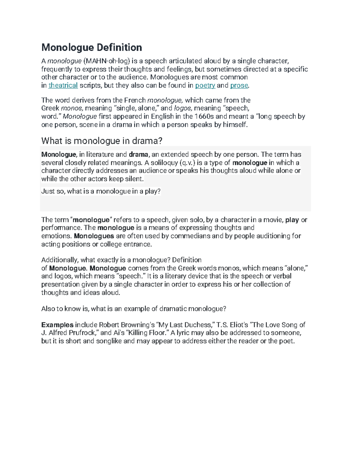 Monologue PDF - Just a some notes. - Monologue Definition A monologue ...