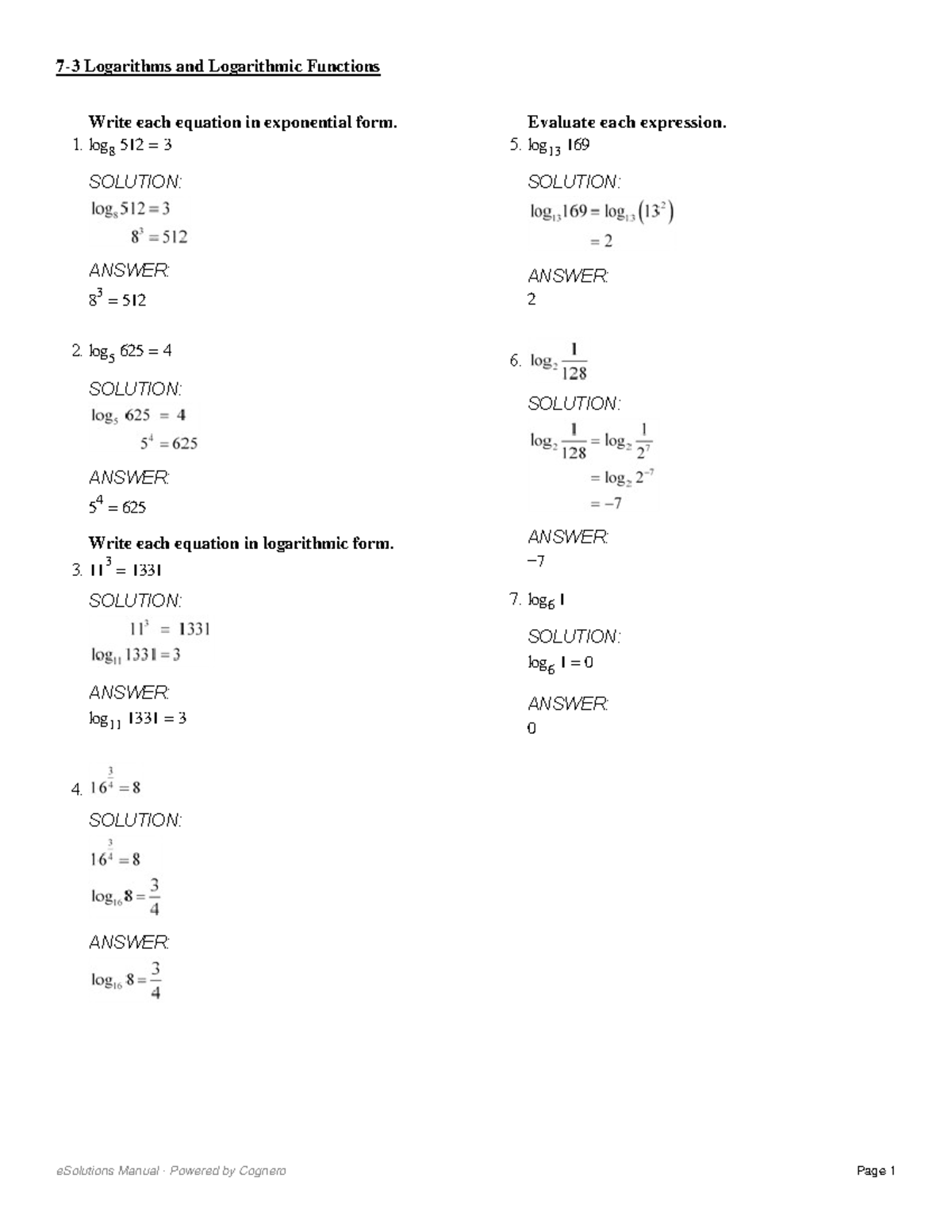 ANSWER: Logarithms and Logarithmic Functions - Answer Key for Course 7 ...