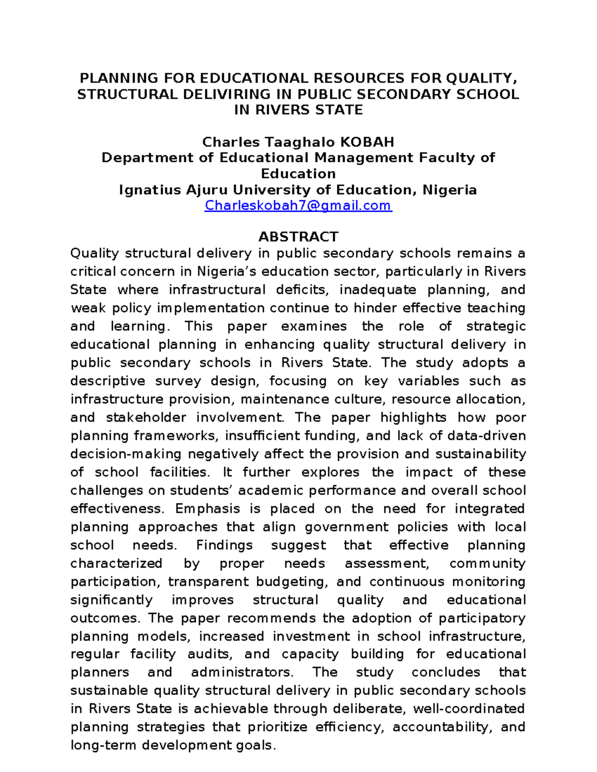 Strategic Educational Planning for Quality Delivery in Public Schools ...